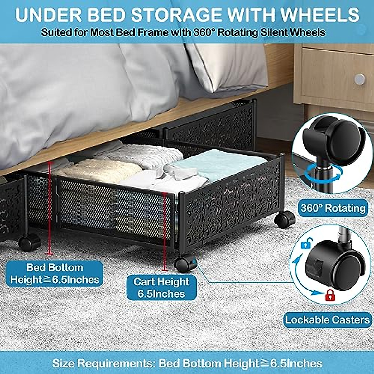 IVMAIE 2 Pack Metal Under Bed Storage with Wheels, Foldable Underbed Shoe Storage Organizer Containers, Tool-Free Assembly Under Bed Rolling Storage Drawer Cart for Bedroom, Clothes, Toys