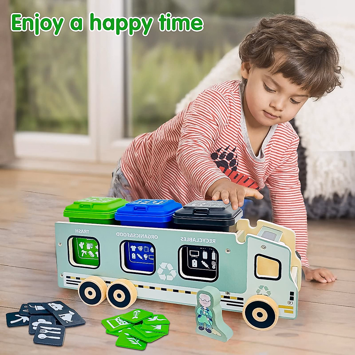 Tmgooyier Large Wooden Garbage Truck Toy for 4 5 6 7 Years Old Boys, Waste Management Recycling Trash Truck Toy Set with 3 Bucket Trash Cans Toy for Boys Girls Toddlers
