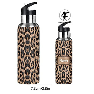 Custom Name Water Bottle Handle Straw Lid Vacuum Insulated Stainless Steel Thermos Water Bottle Cheeteh Leopard Print Leak Proof Sports Coffee Maker Cup