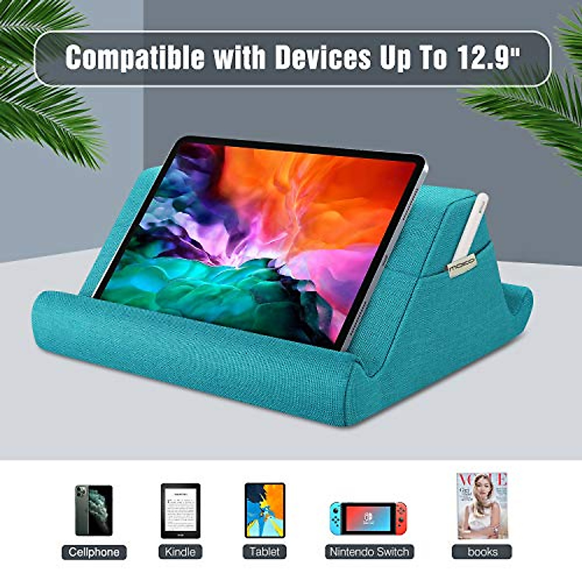 MoKo Tablet Pillow Holder, Pillow for iPad Multi-Angle Soft Tablet Stand Up to 12.9" for Xmas Gift, eReader, Fit with iPad 9, iPad Mini 6,iPad 10th, iPad Pro 11/12.9 2022,Galaxy Tab S9/S9+,Sea Blue