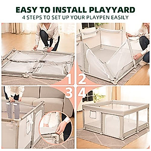 Baby Playpen with Mat, Baby Playyard with Mat 2.2lb Thicker Cotton Play Mat, Easy to Install Playyard with Mat, Sturdy Playpen with 0.2IN Protection Cover, Storage Bag,4 Pull Rings Grey