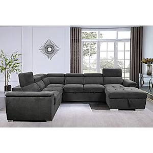 RENDGO 125" U Shaped Sectional Sofa with Pull-Out Bed, Sofa Bed with Adjustable Headrests Storage Chaise, Upholstered Oversized Sectional Sleeper Couch with Ottoman for Living Room,Dark Grey
