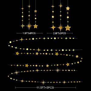 Gold Party Decorations Star Circle Dot Paper Garland Banner Bunting Streamer Metallic Hanging Twinkle Star Decoration for Christmas Birthday Baby Shower Wedding Festival Engagement Kids Room Decor