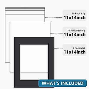 Somime 10 Pack 11x14 Black Picture Mat Kit for 8x10 Photo with White Core Bevel Cut Mattes Sets - Includes 10 Acid Free Pre Cut Mats & 10 Backings & 10 Print Sleeve Bags