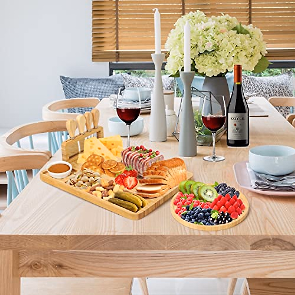 Bamboo Cheese Board and Knife Set - Charcuterie boards Bamboo Wood Cutting Platter and Cheese Serving Tray for Wine, Crackers,Brie, Fruits, Bread and Meat