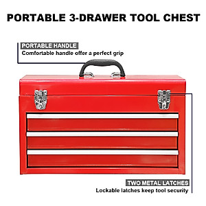 BIG RED ANTBD133-XB Torin 20" Portable 3 Drawer Steel Tool Box with Metal Latch Closure, Red