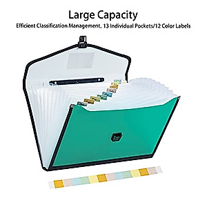 Leagl Size 13-Pockets Expanding File Folder with Handle, Plastic Accordion Filling File Folder Expandable Monthly Portable Paper Document Organizer for Office School & Home (Green)