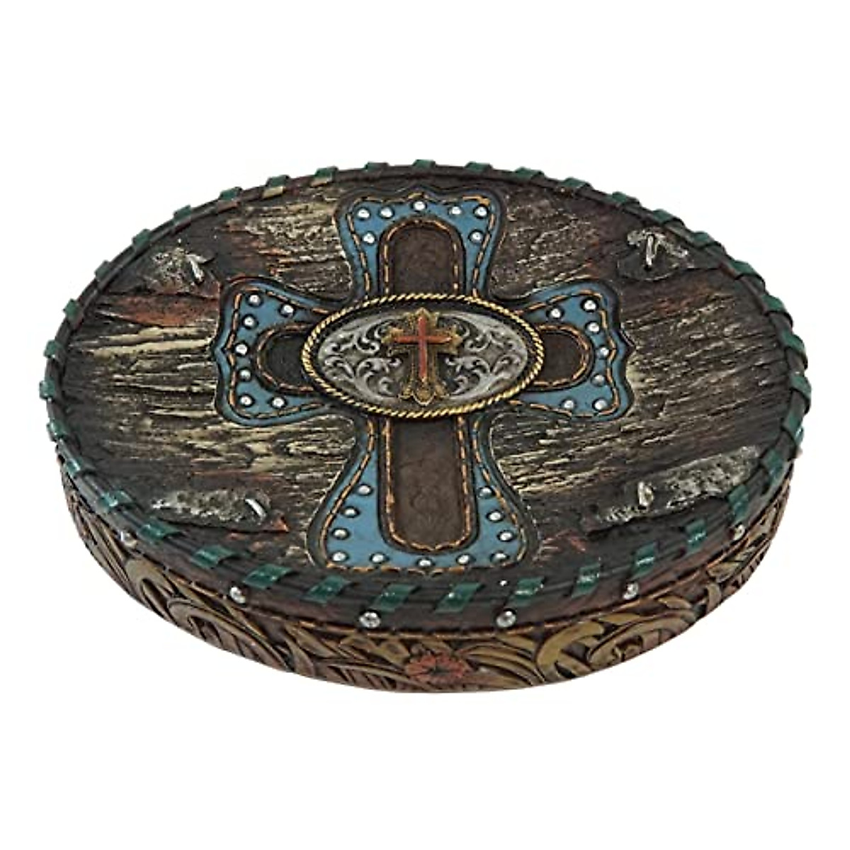 Ebros Gift Rustic Western Old World Country Blue Cross with Concho and Nailheads in Faux Distressed Wood Finish with Floral Patterns (Tumbler Cup, Soap Dish and Toothbrush Holder Set of 3)