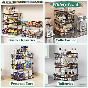 Giwil 3 Tier Countertop Fruit Basket for Kitchen, Vegetable Storage Basket Bread Fruit Bowl Stand with 2 Banana Hooks, Wall Mounted Metal Wire Basket Organizer for Potato Onion, Black