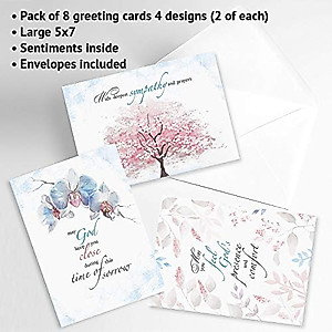 Sympathy Comfort Faith Cards with Scripture - Set of 8 (4 Designs), Large 5" x 7", Religious Sympathy Cards with Sentiments Inside, White Envelopes