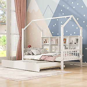 Merax Wood Twin Montessori Daybed with Trundle and Book Shelf, Low Sofa Day Bed for Boys Girls,No Box Spring Needed White