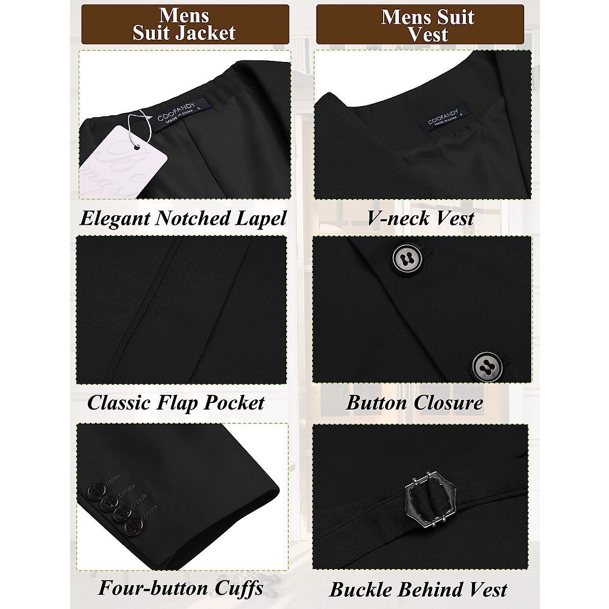 COOFANDY Men's 2 Piece Suit Slim Fit Two Button Blazer Jacket Business Wedding Prom Tuxedo Vest Set Black