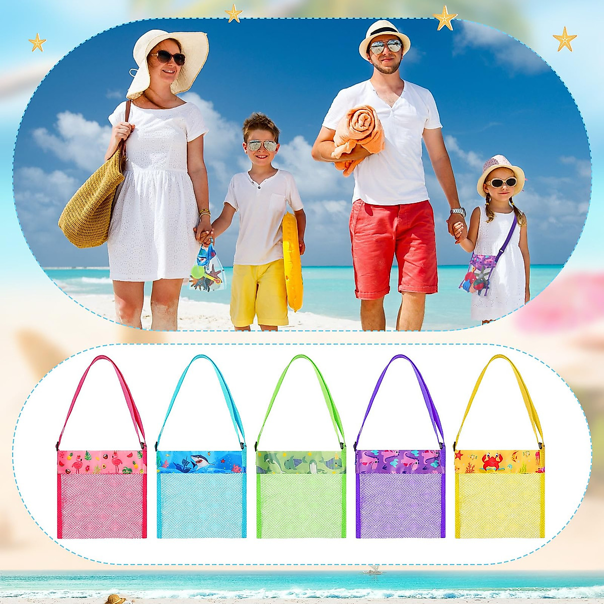 Saintrygo 30 Set Mesh Beach Bag Bulk Colorful Seashell Collecting Shell Bag Adjustable Carrying Strap for Kids (Cute Style)