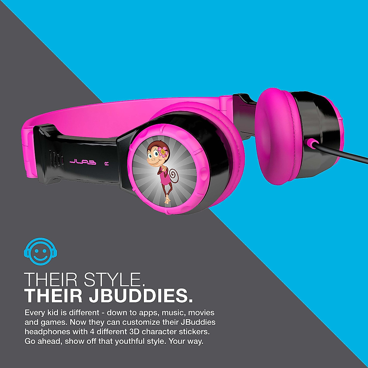 JLab JBuddies Folding Kids Wired Headphones, Toddler Headphones, Noise Isolation, Kids Safe |Volume Limiting Headphones, Headphones for Children Black/Pink