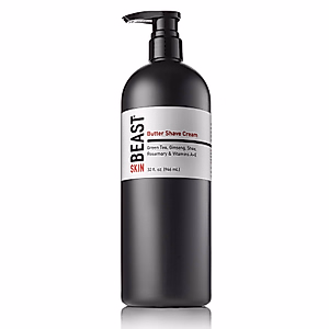 Beast Butter Whole Body Shave Cream - Organic Aloe, Gentle Oats, Ginseng, Vitamins - Super Smooth Slick Foamless - Shaving Lotion Face Head Body Butt Balls Legs Mens Womens - Tame the Beast (32 oz)
