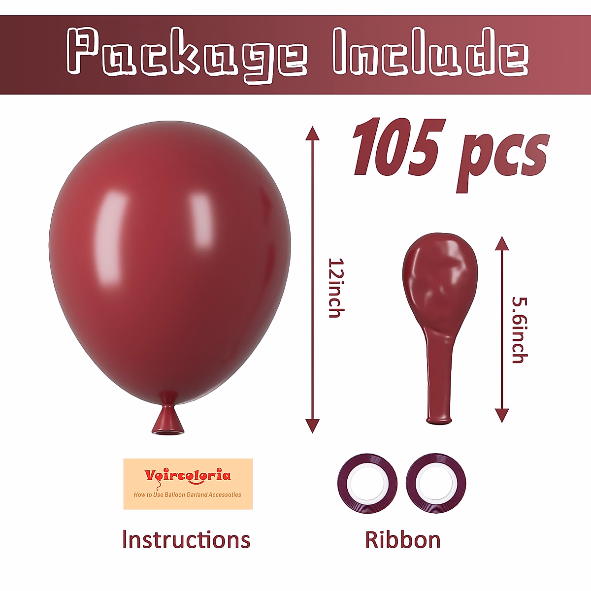 Voircoloria 105pcs Burgundy Balloons 12inch Maroon Party Latex Balloons for Birthday, Graduation, Baby Shower,Wedding, Anniversary Valentines Party Decorations