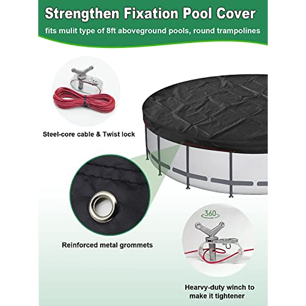 Round Pool Cover 8 FT, Pool Covers for Above Ground Pools, Durable Solar Pool Cover, Cold and UV Resistant Pool Winterizing Kit, Includes Winch and Cable for Easy Installation