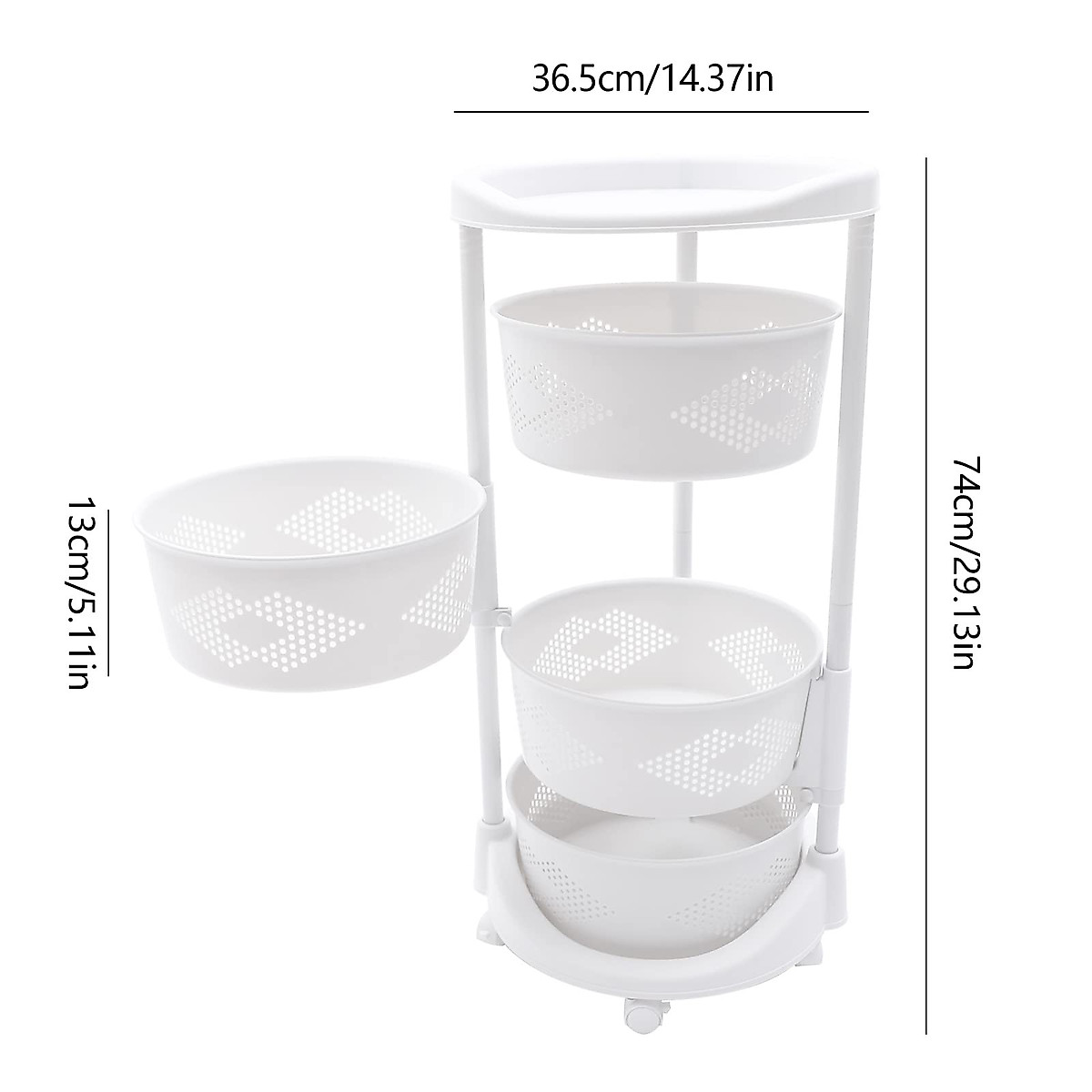 LOYALHEARTDY Rotating Storage Rack 4 Tier Round Mesh Baskets Storage Shelf Rack Adjustable Height Kitchen Storage Shelf with 5 Lockable Casters for Kitchen Bathroom Bedroom White