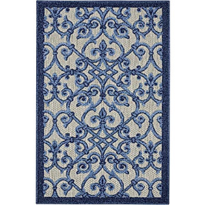 Nourison Aloha Indoor/Outdoor Grey/Blue 2'8" x 4' Area Rug, Transitional, French Country, Easy Cleaning, Non Shedding, Bed Room, Kitchen, Living Room, Deck, Backyard, (3' x 4')