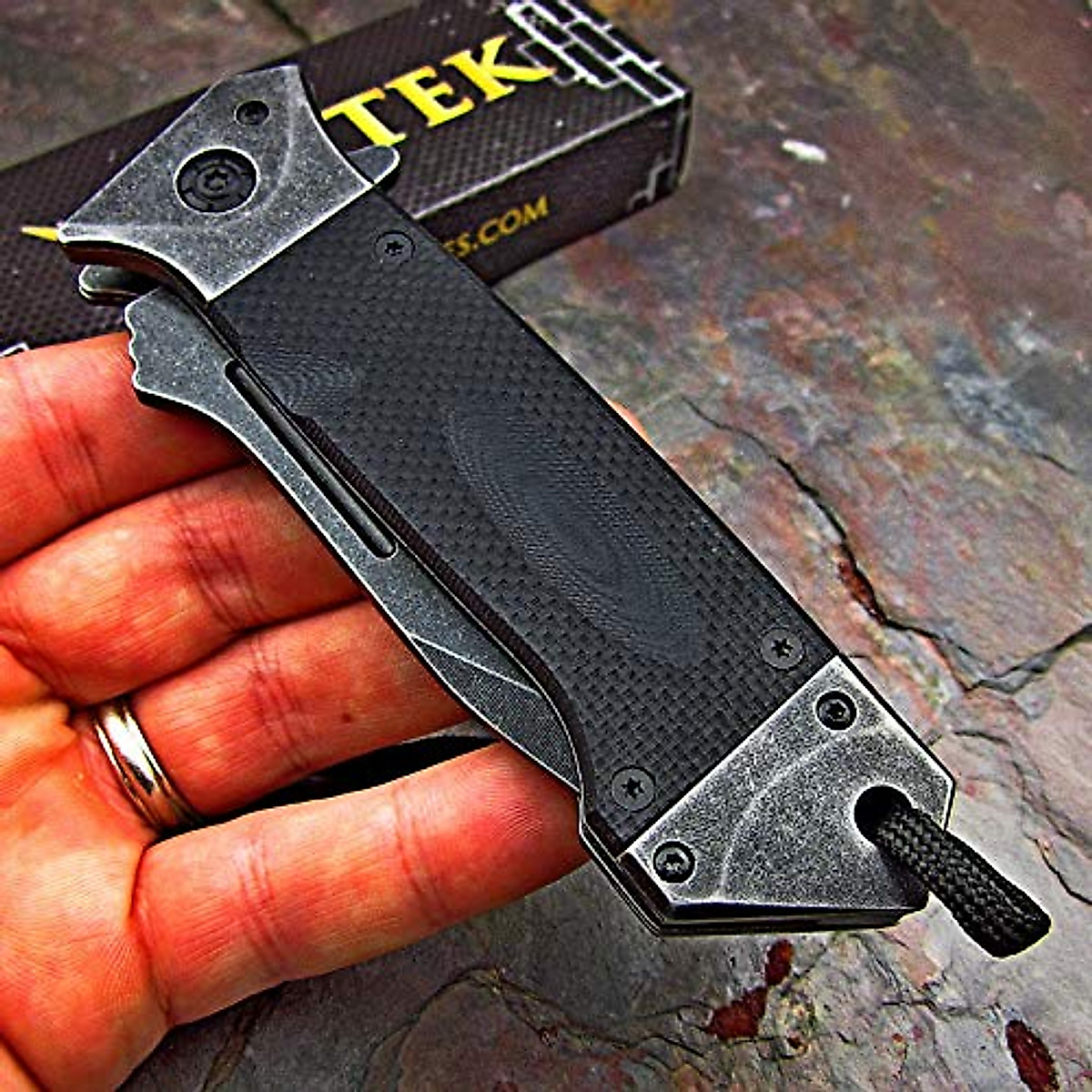 VORTEK Ball Bearing Pivot System Heavy Duty EDC Folding Pocket Knife: 8Cr13MoV Razor Sharp Blade - LMF Style Pommel with Lanyard - Smooth Fast One Hand Opening