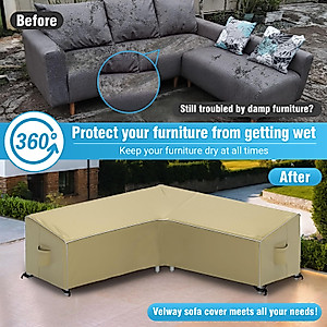Velway Patio Sectional Sofa Cover V-Shaped Waterproof Super Windproof Sectional Couch Cover 85"x85" for Outdoor Garden Heavy-Duty UV Resistant Furniture Cover with 2 Air Vents Camel