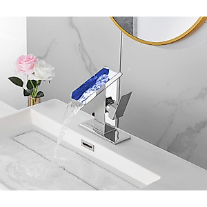 Chrome Bathroom Sink Faucet One Hole LED Waterfall Spout RGB 3 Colors Light Changing Lavatory Vanity Faucets Brass Single Handle Modern Washbasin Bath Tap Include Plates to Cover Holes Residential