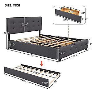 Queen Upholstered Platform Bed with 2 Storage Drawers and 1 Twin XL Trundle, Linen Fabric, Wood Bed Frame (Queen Size, Dark Gray)