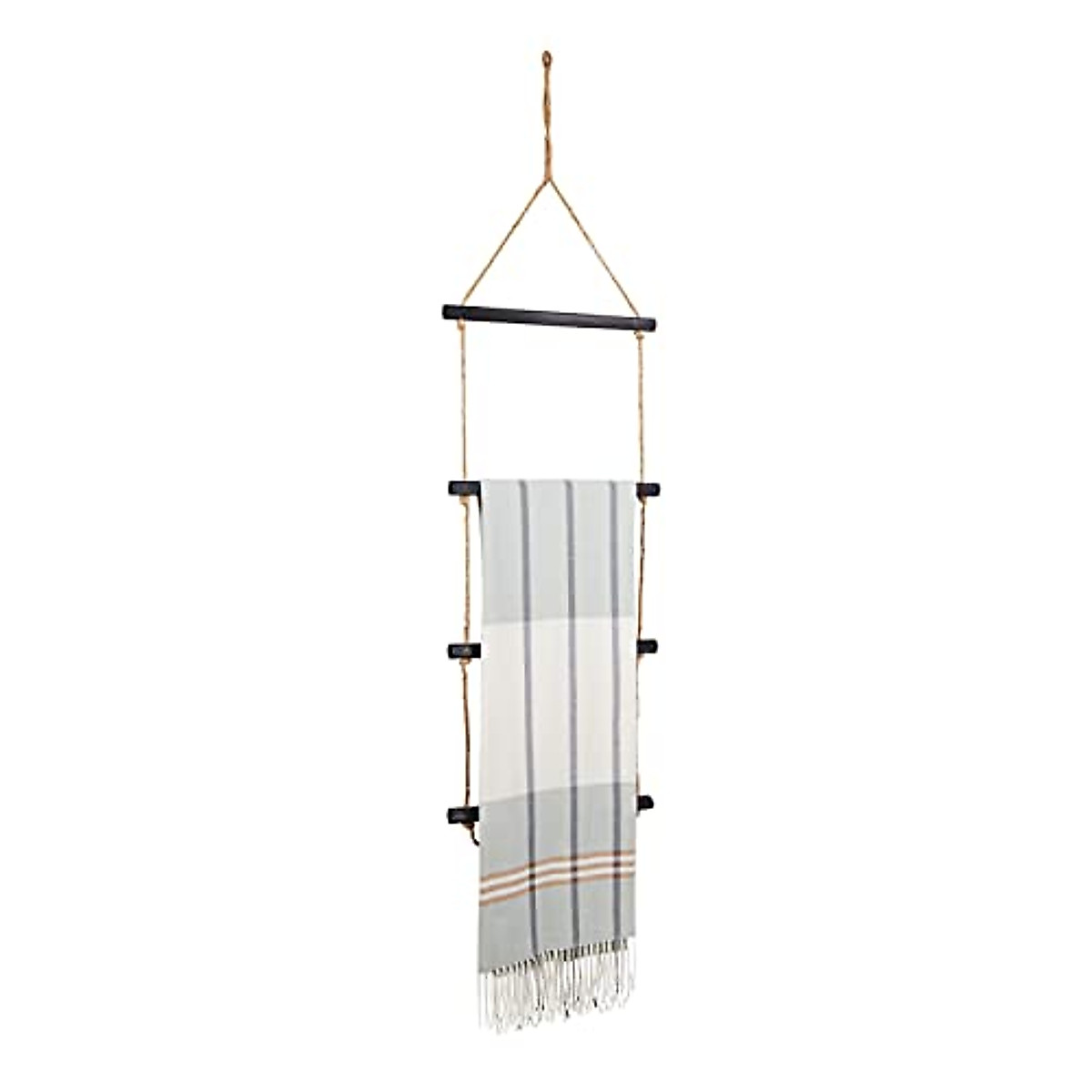 4-Rung Hanging Blanket Ladder, Wooden Rustic Towel Racks for Bathroom with Rope for Bathroom Decor, Black (17 x 60 in)