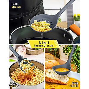 3 Pcs Silicone Kitchen Utensils Set, Soup Ladle-Pasta Fork-Slottede Spoon, Nonstick BPA Free High Heat Resistant Cooking Utensils for Mixing, Serving, Draining, Turning, Stirring