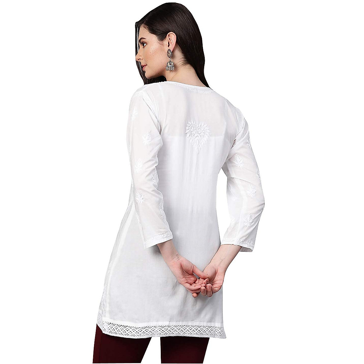 Ada Indian Hand Embroidered Chikankari White Cotton Top Tunic Kurti Shirt for Women A208704 (X-Small)