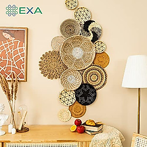 EXA Set of 15 Hanging Woven Wall Basket Decor Summer Bloom Round Decorative Large Wall Decor - Handmade Seagrass Baskets - Rattan Wall Art, Flat Wicker Woven Basket Wall Decors for Boho Farmhouse