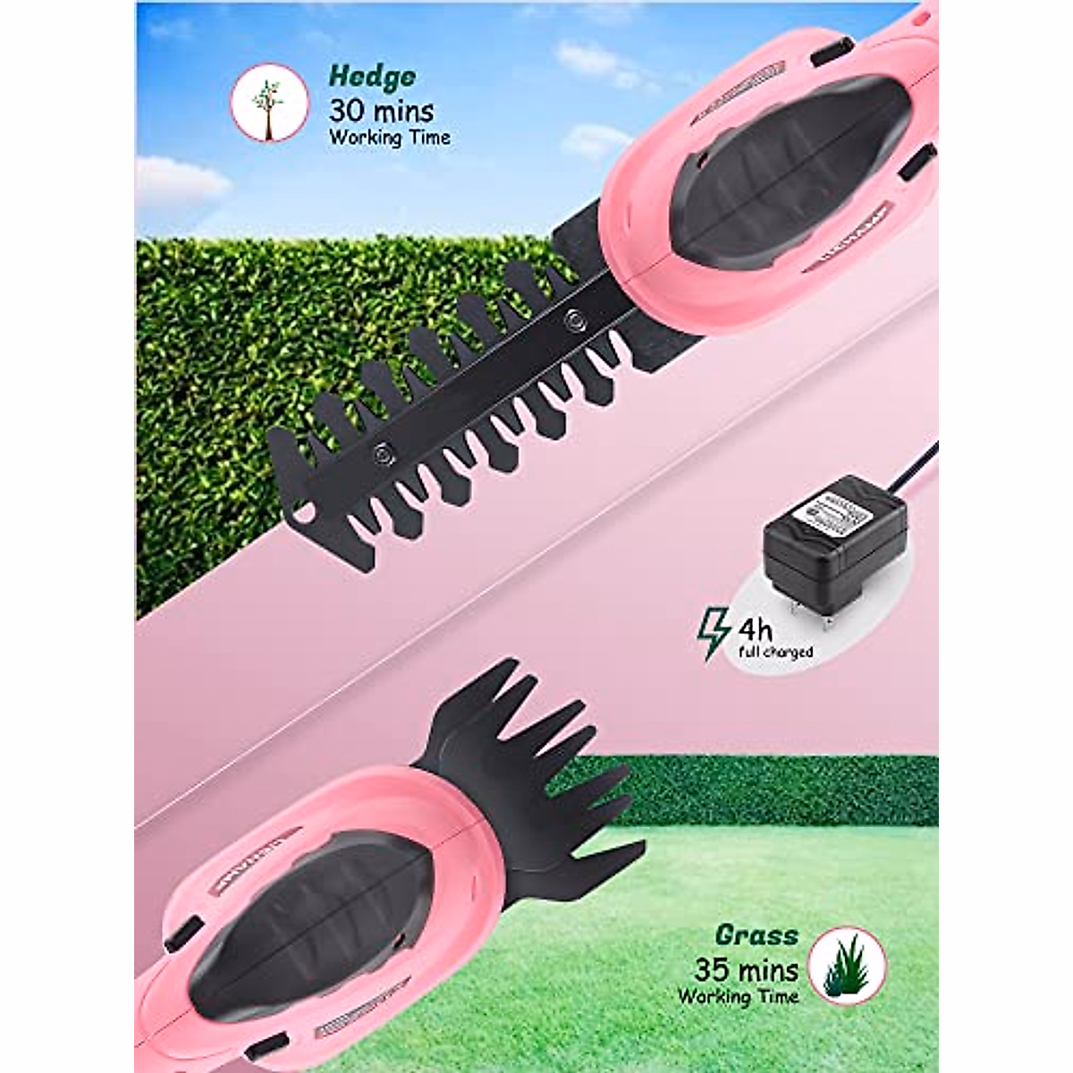 Lichamp 2-in-1 Electric Hand Held Grass Shear Pink Hedge Trimmer Shrubbery Clipper Cordless Battery Powered Rechargeable for Garden and Lawn, CGS3601PK Pink