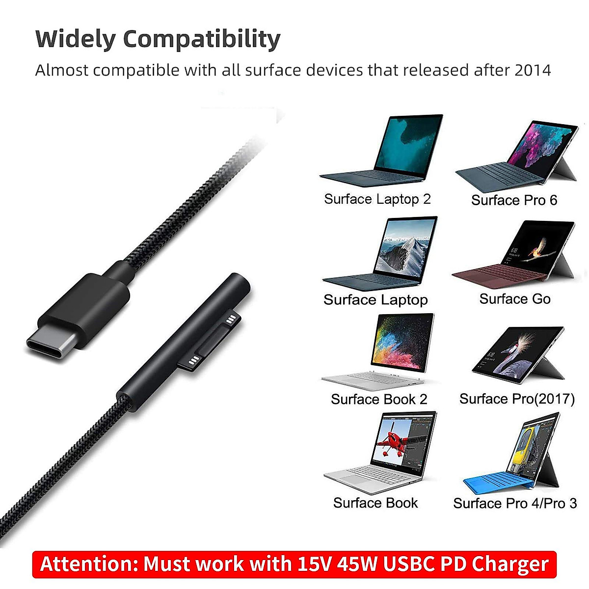 Sisyphy Male & Female USB C Charging Cable Bundle for Surface, 6ft Nylon Male Cable and 0.7ft Female Cable, Compatible for Microsoft Surface Pro7 Go2 Pro6 5/4/3 Surface Laptop1/2/3 & Surface Go