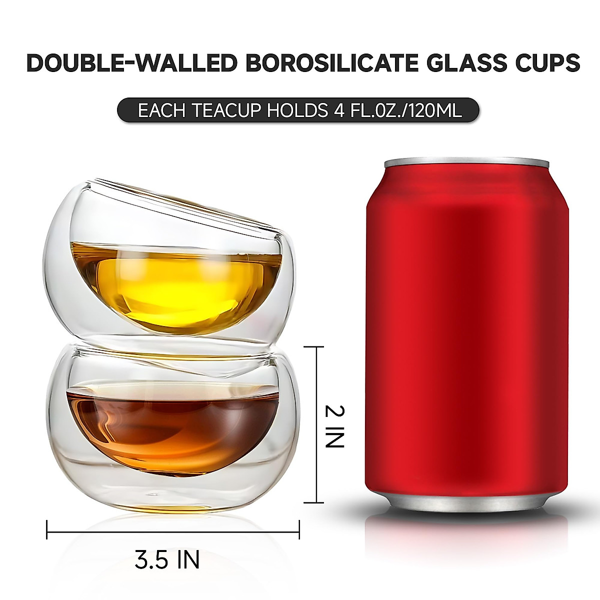 YMMIND 4 Pack Double Walled Glass Teacups Insulated Glasses - (4oz / 120ml) Heatproof Borosilicate Tea Cup, Mini Espresso Cups Gift Box