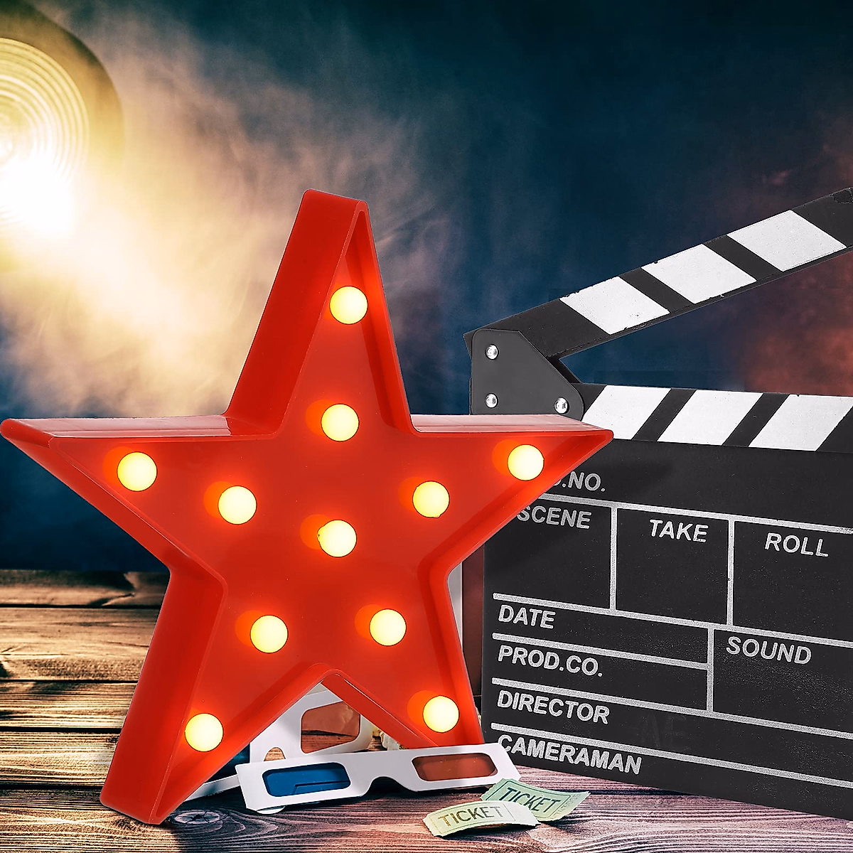 Movie Theater Decor Movie Film Clap Board Movie Clapper Board Accessory and Marquee Light LED Star Sign Movie Props for Movie Night Decorations Party Supplies