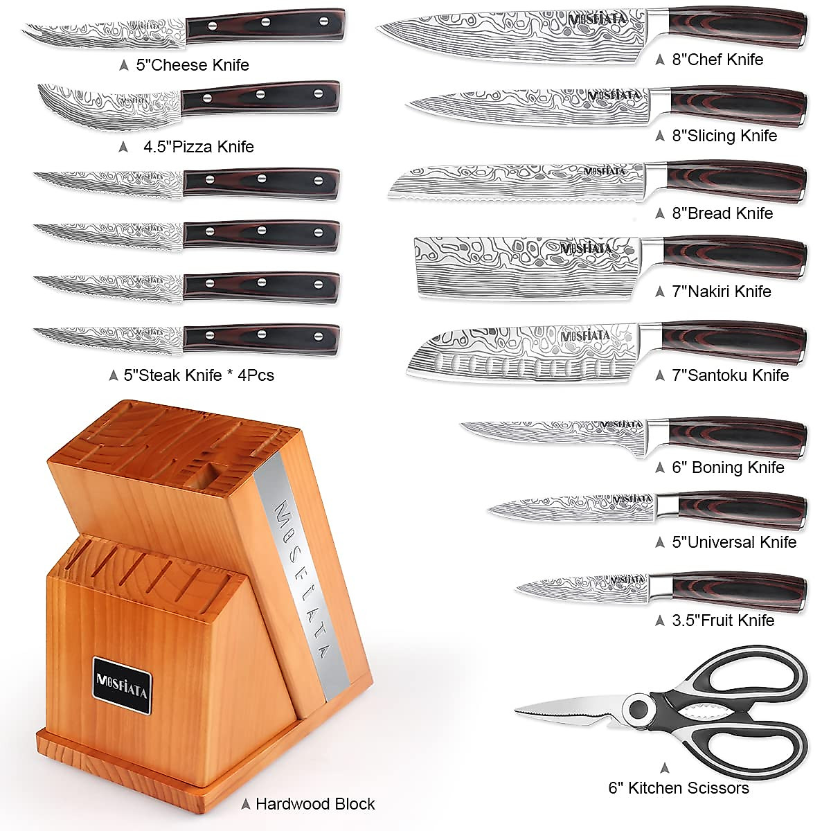 MOSFiATA Knife Set-21Pcs Kitchen Knife Set with Knife Holder & Sharpener, German High Carbon Stainless Steel Chef knife set with Handle colored wood