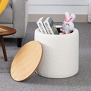 ONEVOG Beige Storage Ottoman with Wooden Lid, Tufted Boucle Fabric, Round Side Table Pouf, Small Vanity Seat Stool, Storage Footstool Chair for Living Room, Bedroom