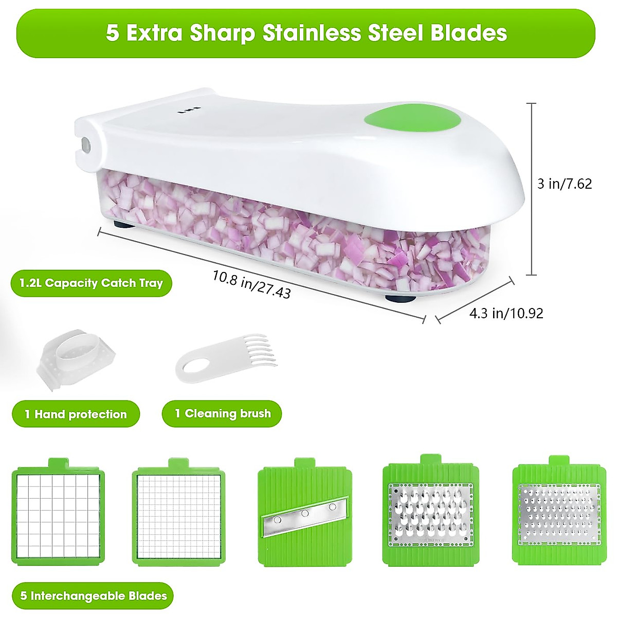 LHS Vegetable Chopper-Multifunctional Onion Chopper Dicer Sala Potato Cutter Cheese Grater Vegetable Food Slicer With Container-5 Blades(Green)