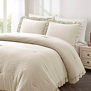 Bonlino Home Bed Bedding Comforter Set - 3 Pieces Queen Comforter Set, Farmhouse Bedding Set with Ruffle Bed Comforter & Ruffle Pillows Shams(Queen Size Wheat)