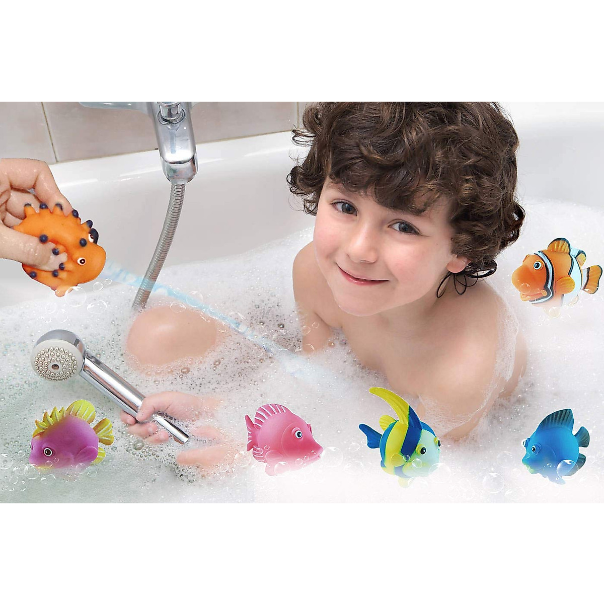 BOHS Rubber Squirting Fish - Cute Floating Cartoon Soft - Baby Bath Play Water Marine Animals Toys - 6 Count