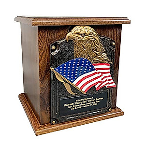 American Flag and Eagle Cremation Urn, Wood Funeral Urns with Engraving