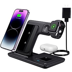 Wireless Charging Station, 3 in 1 Wireless Charger Compatible with iPhone 14/13 Pro/13/12/11/Pro/SE/XS/XR/X/8 Plus/8, 18W Wireless Charging Dock Stand for Apple Watch Series & Airpods (with Adapter)