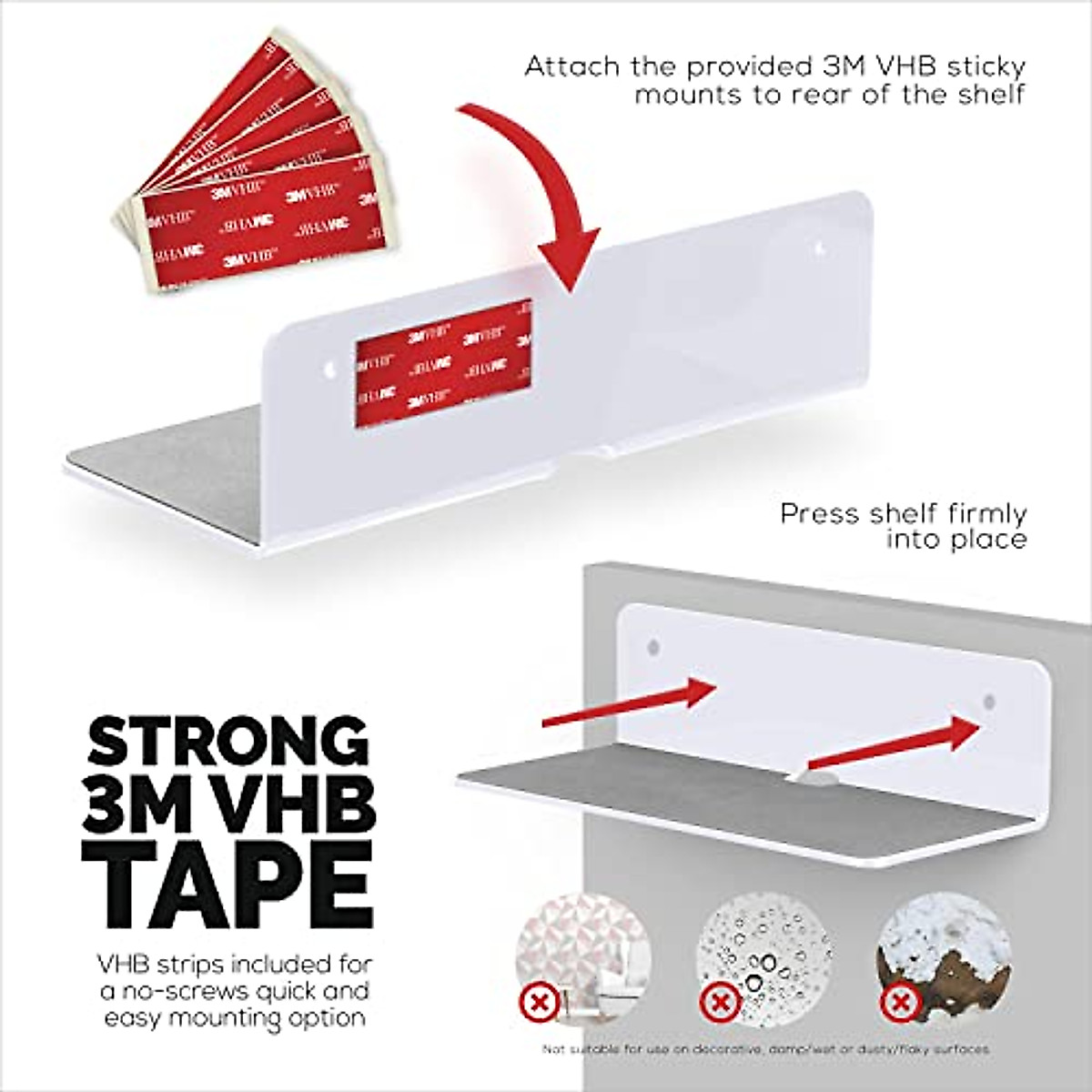 BRAINWAVZ 2-Pack 9” Floating Shelf Bluetooth Speaker Stand, Adhesive & Screw Wall Mount, Anti Slip, for Cameras, Baby Monitors, Webcam, Router, Wide Universal Holder Shelves (SHELF23 White)