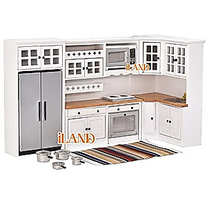 iLAND Dollhouse Kitchen, Modern Dollhouse Furniture Set on 1/12 Scale Wooden White to Store Miniature Food