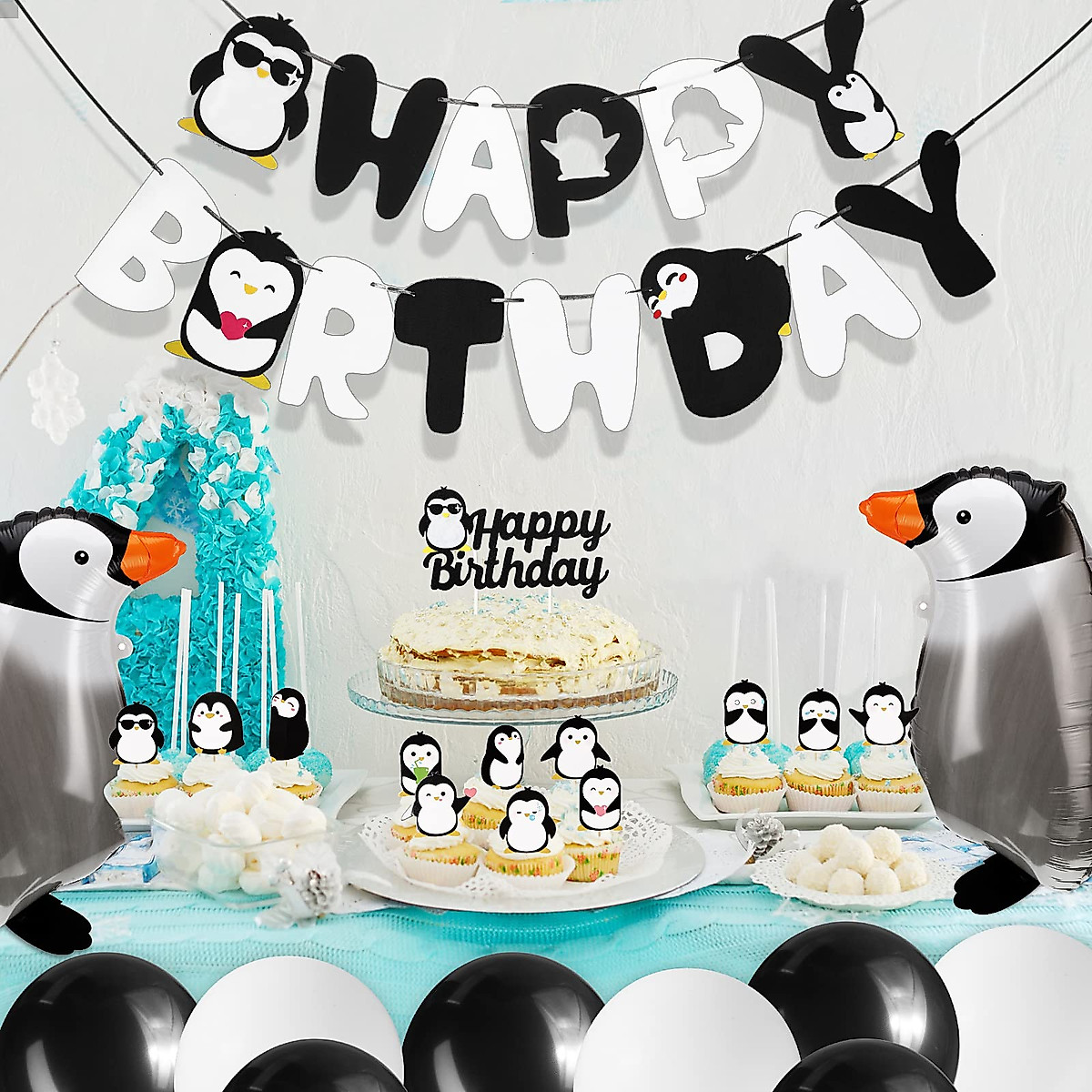 Gejoy 48 Pcs Penguin Birthday Party Decoration Includes Happy Birthday Penguin Banner Walking Penguin Balloons Penguin Cake Topper Latex Balloons Penguin Party Supplies for Winter Birthday Baby Shower