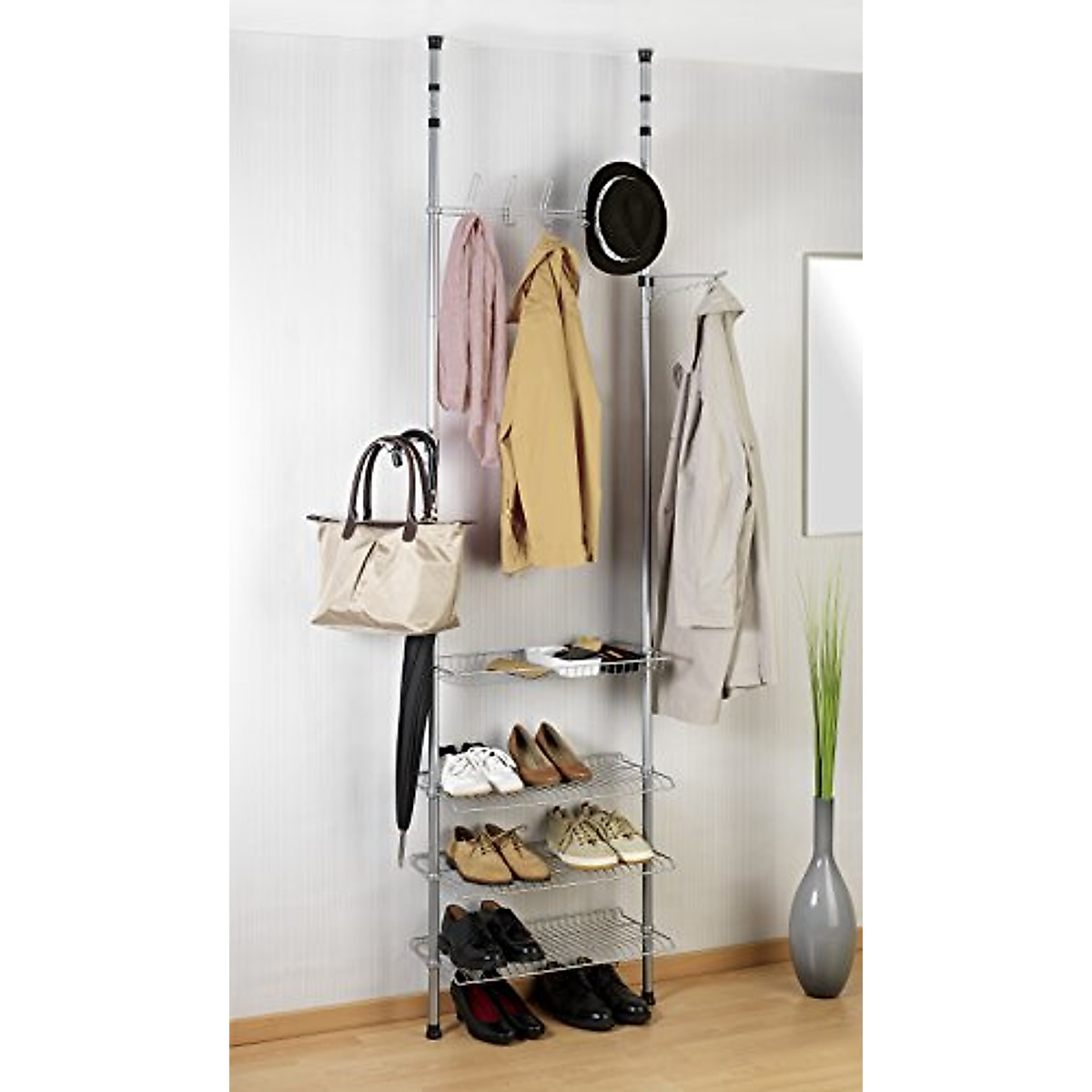 WENKO Appolon Telescopic Rack System Rail, Adjustable, Heavy Duty, for Hanging Clothes, Storage, Organizer, with Shelves, 24 x 70.9-118.1 x 11 in