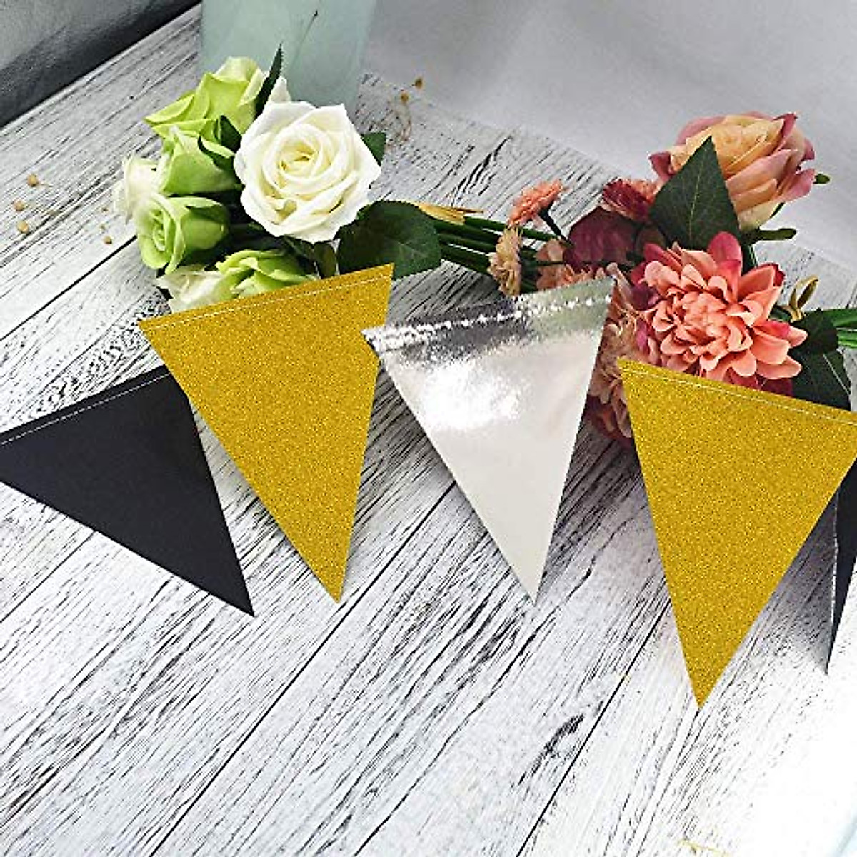 Triangle Flag Bunting Banner, MerryNine 3 Pack 30 Feet Vintage Style Pennant Banner for Wedding, Baby Shower, Event & Party Supplies 78pcs Flags (Triangle Flag - Black Silver Gold Glitter)