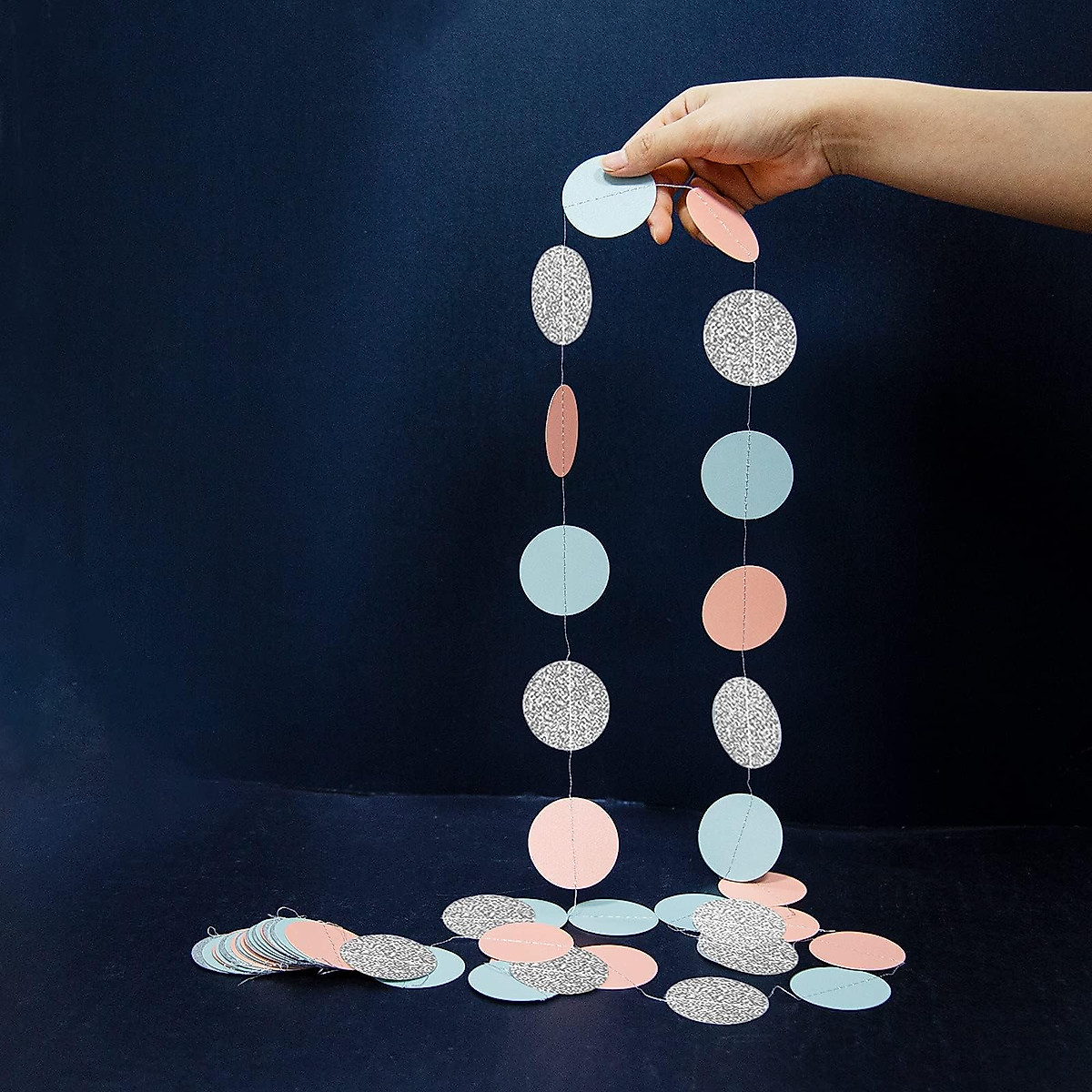 Cheerland Party Decorations Glitter Silver Blue Pink Circle Garlands Streamer Hanging Dots Decoration Backdrop for Wedding Engagement Birthday Bridal Baby Shower Backdrop Party Supplies