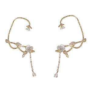 2PCS Women's Clip-On Earrings Hook Without Pierced Ear Bone Clip Swan Wings Ear Clips (Camellia Ear Clips)