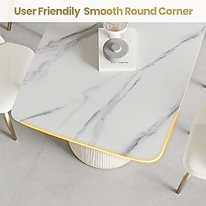 LovingAHome Modern Rectangle Marble Dining Table for 8,79" White Marble Sintered Stone Dining Table with Semi-Circular Pedestal,Faux Marble Kitchen Dinner Table Wrapped in PU Leather (Table Only)